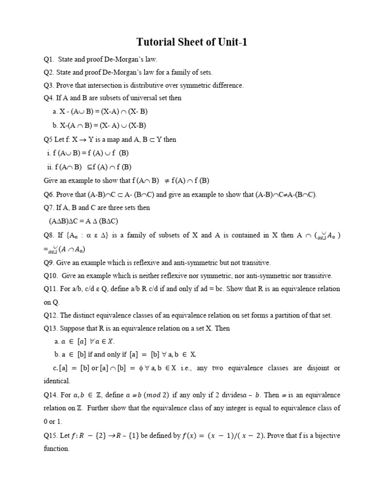 Tutorial Sheet-I (Unit-I Sets and Relations) | PDF | Integer ...