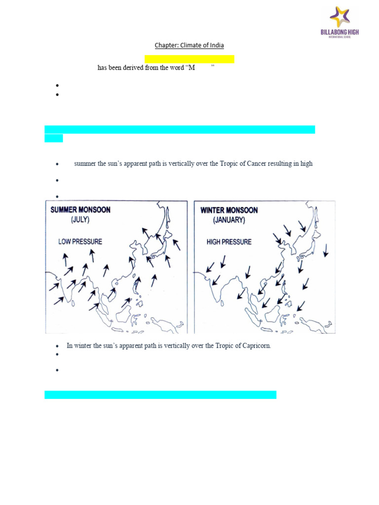 GR10 Geography Study Material Climate of India Mechanism of Monsoon ...