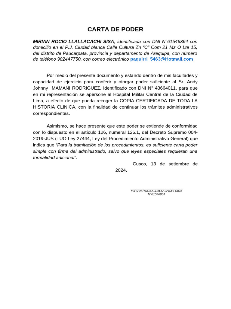 Carta de Poder Simple Mamani | PDF