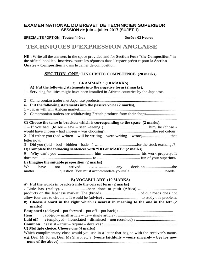 Brevet Technicien Supérieur 2017 Exam | PDF | Car | Japanese Language