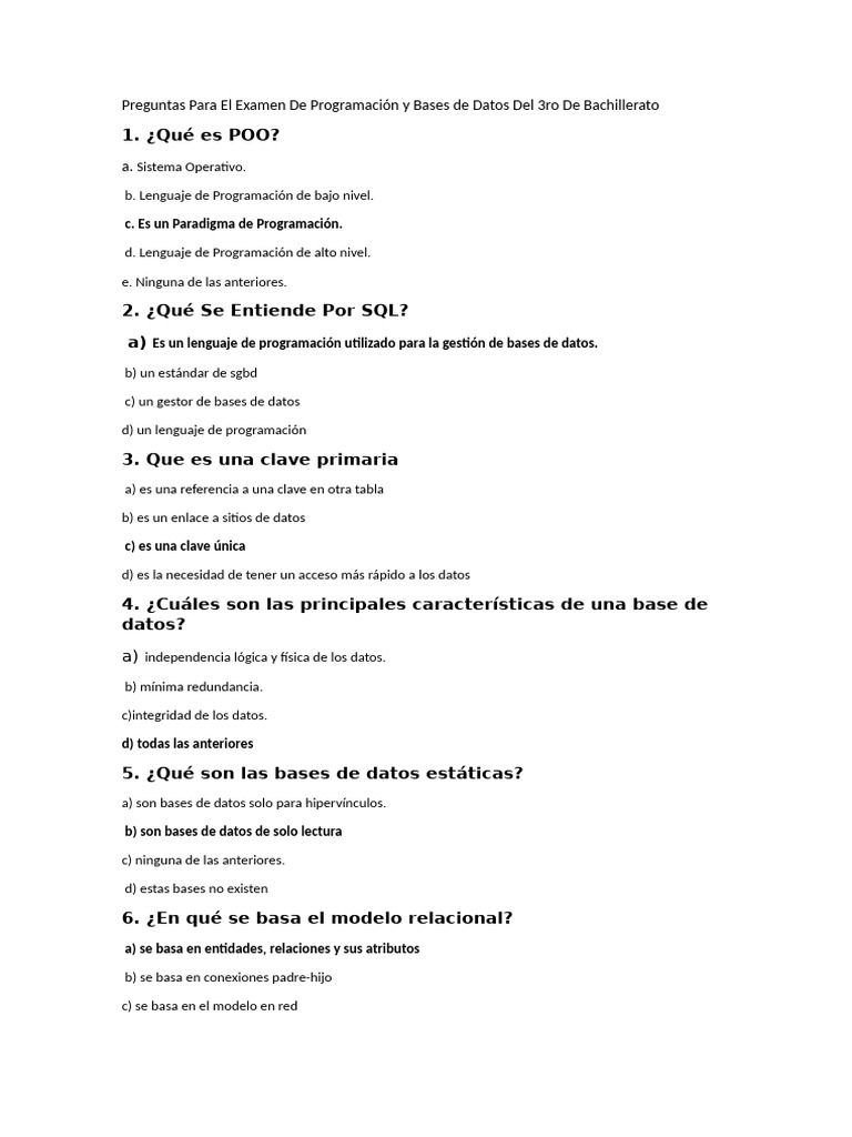 Preguntas para El Examen de Programación y Bases de Datos Del 3ro de Bachillerato | PDF | Red de ...