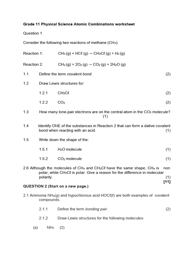 Grade 11 Physical Science Atomic Combinations Worksheet | PDF ...