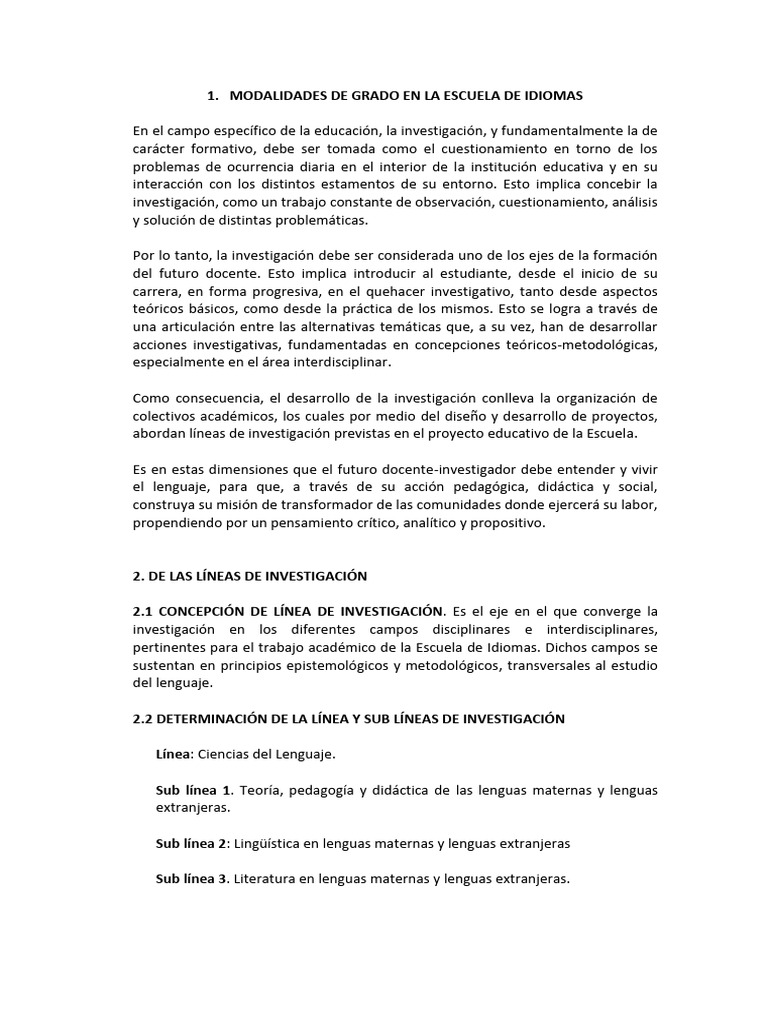 Modalidades de Grado. Escuela de Idiomas. 2018 - I. | PDF | Plan de estudios | Multilingüismo