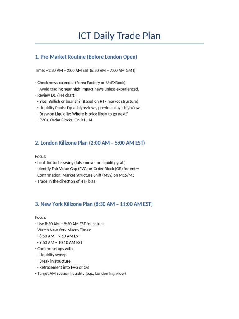 ICT Daily Trade Plan | PDF