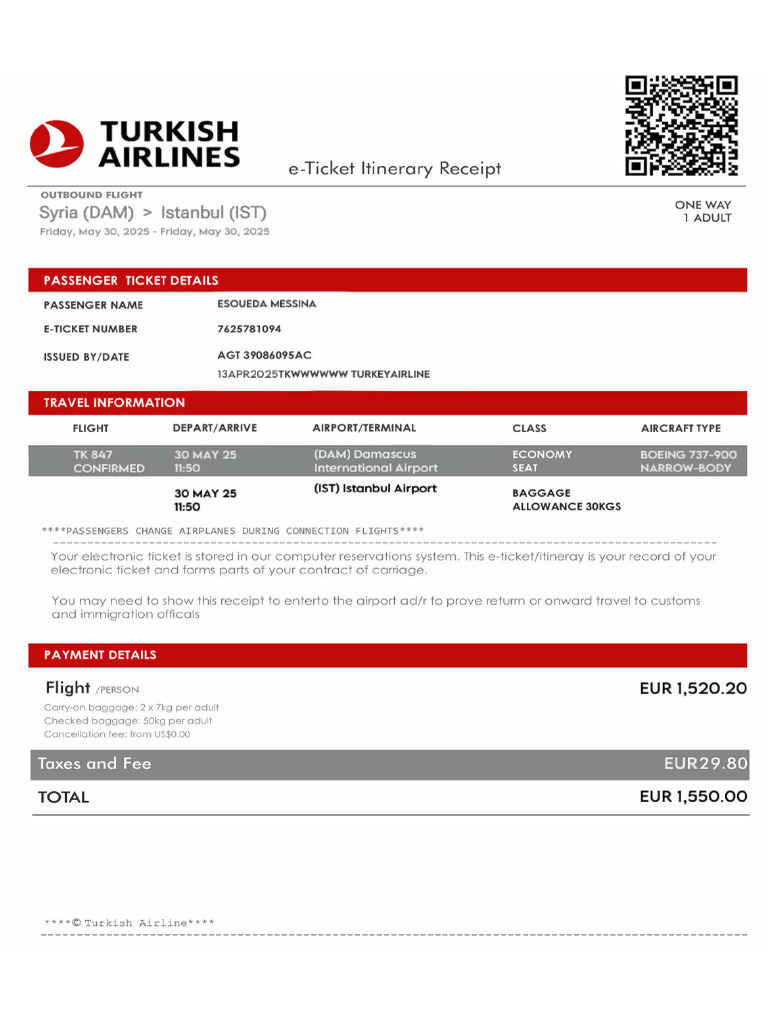 Turkish Airlines Flight Ticket Confirmed . | PDF