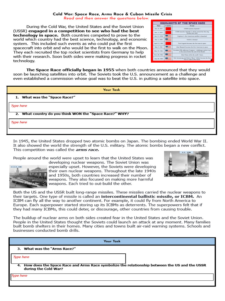 Space Race & Arms Race Worksheet | PDF | Space Race | Intercontinental ...