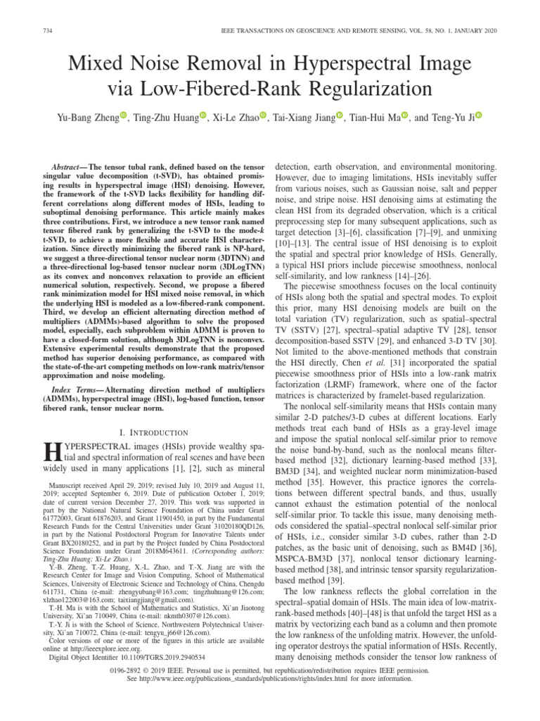 Mixed Noise Removal in Hyperspectral Image Via Low-Fibered-Rank ...