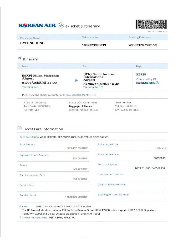Korea Air Flight Ticket Confirmed. | PDF
