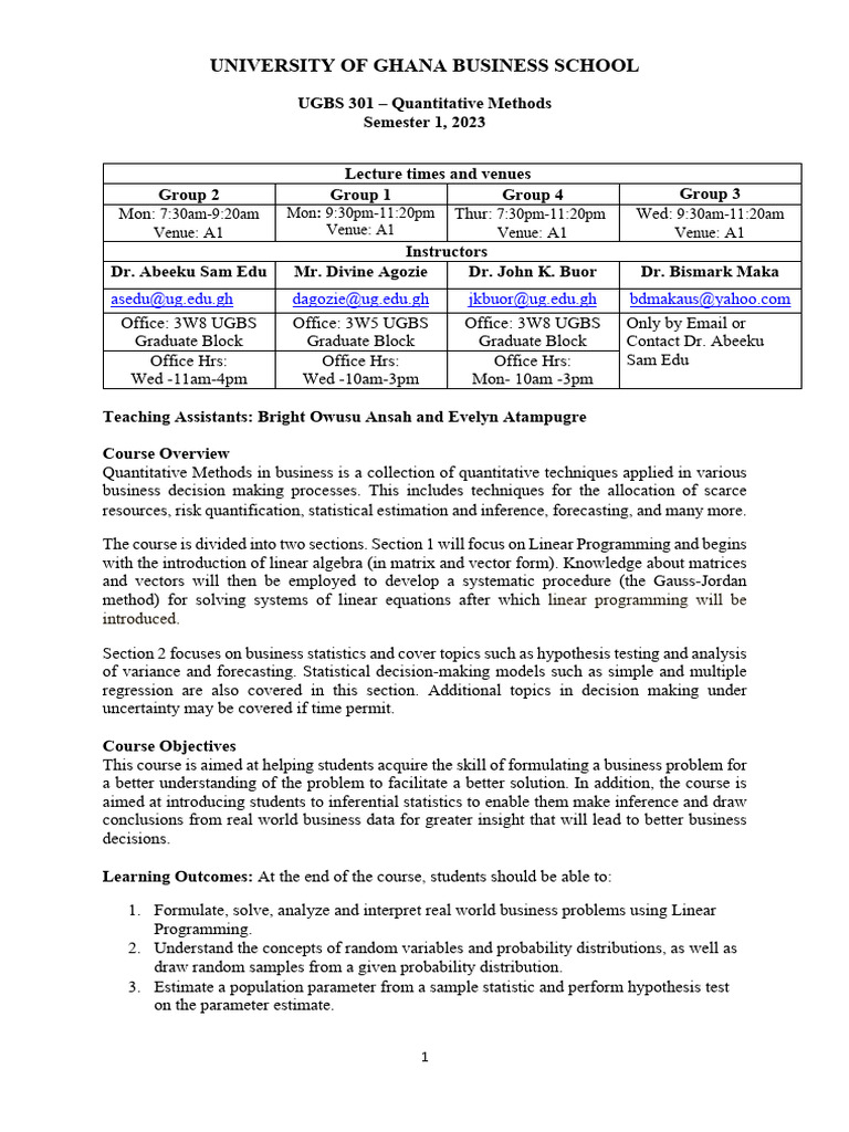 UGBS 301 Course Outline - 2023 | PDF | Statistics | Linear Programming
