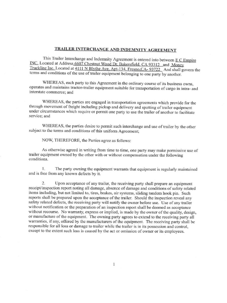 Trailer Interchange Agreement | PDF