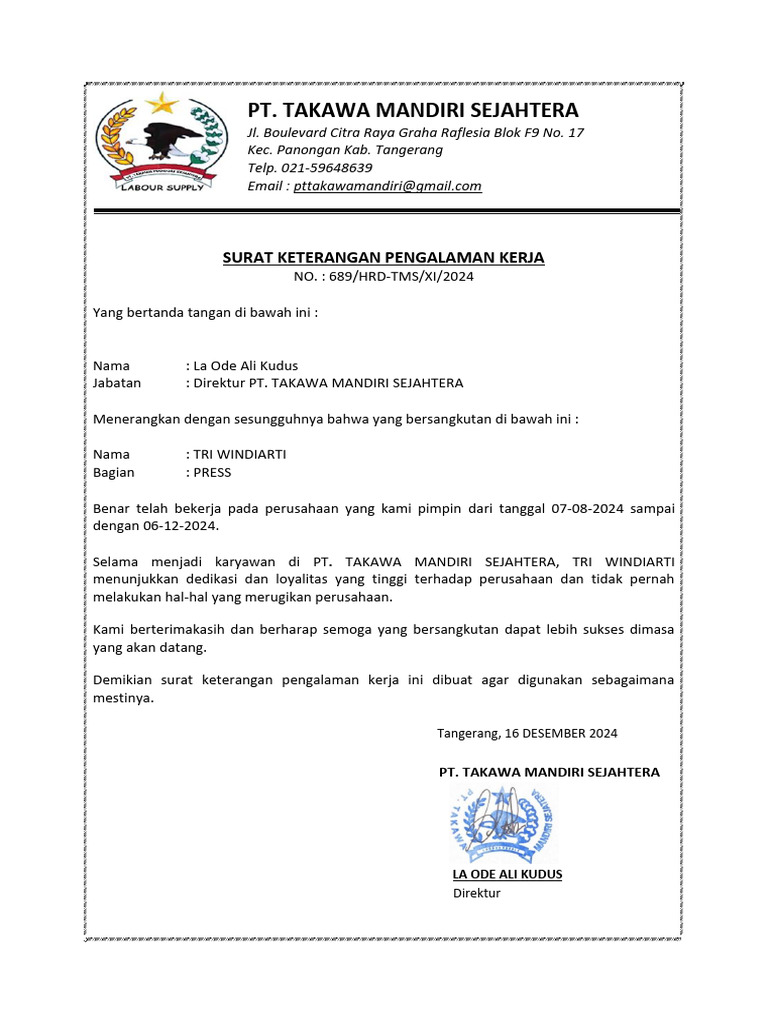 Surat Pengalaman Kerja | PDF