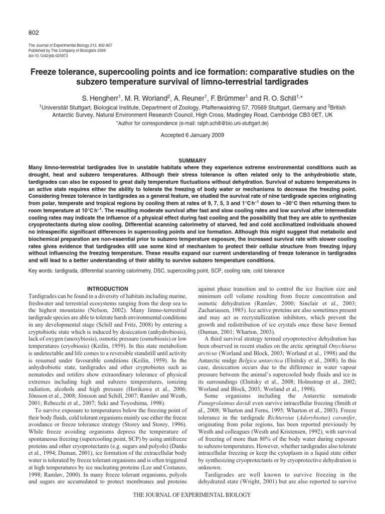 Tardigrade Freeze Tolerance Studies | PDF | Freezing | Differential ...