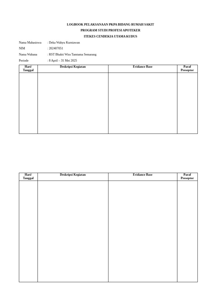 Logbook Pelaksanaan Pkpa Bidang Rumah Sakit | PDF