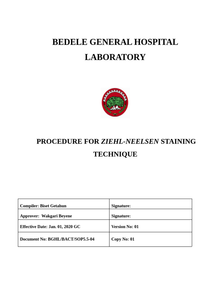 SOP5.5-04 Procedure For Ziehl Neelsen Staining | PDF | Tuberculosis | Staining