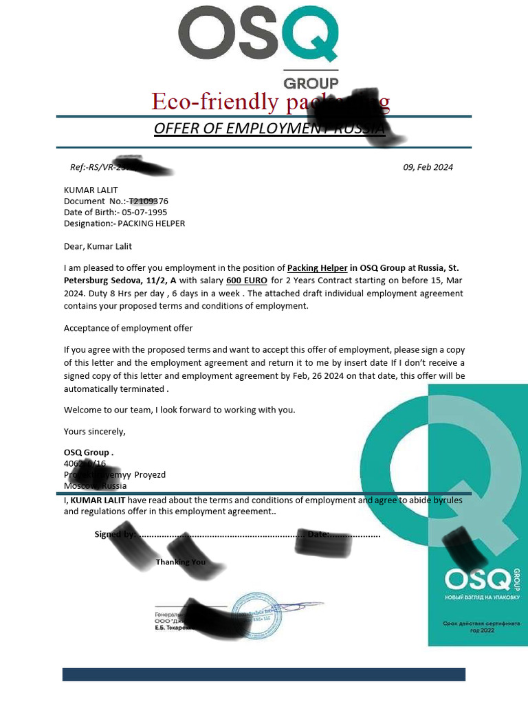 KUMAR LLAIT OSQ Group Russian Offer Letter | PDF