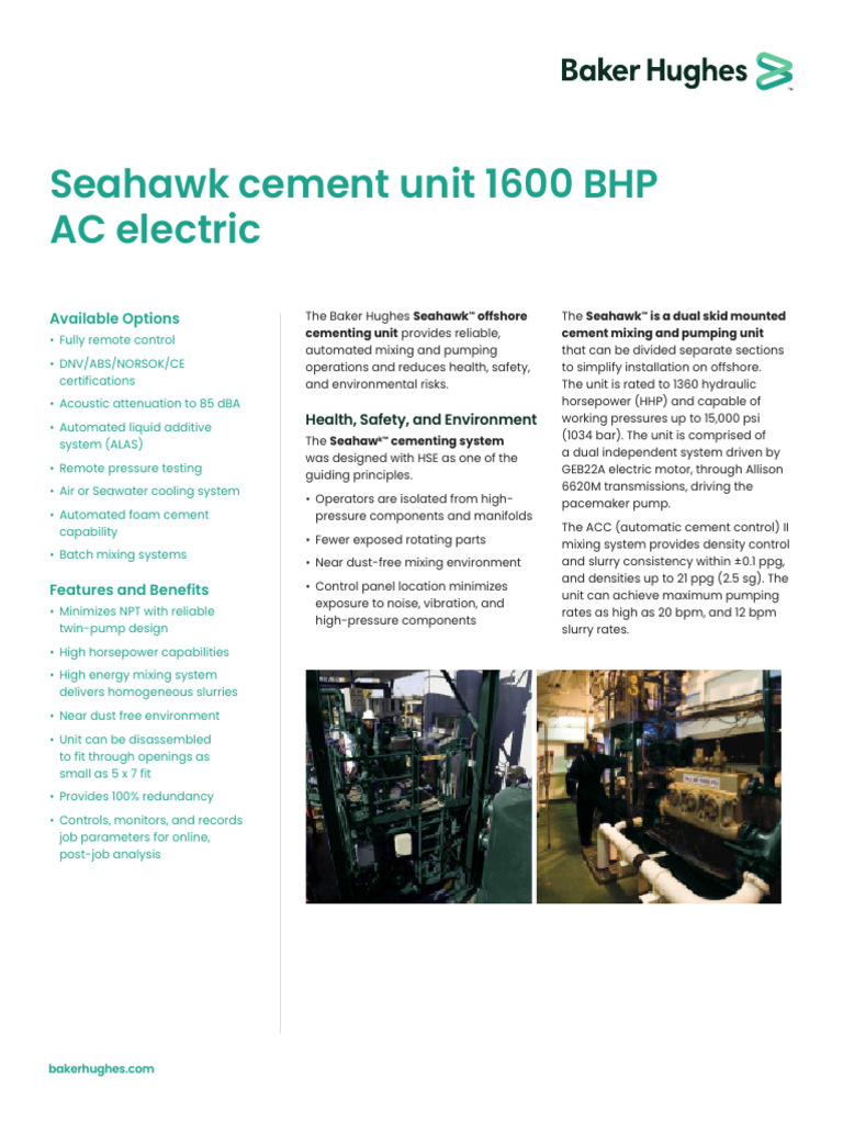 Seahawk Cement Unit 1600 BHP Ac Electric Spec | PDF | Pump | Horsepower