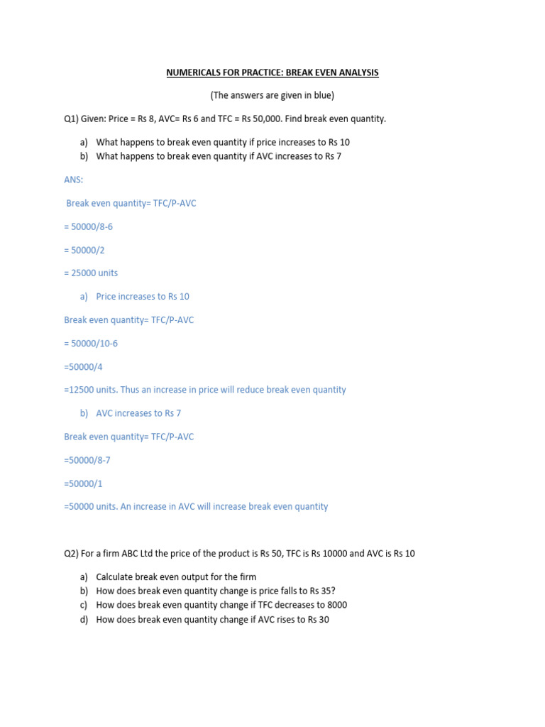 Break Even Analysis Practice Problems | PDF