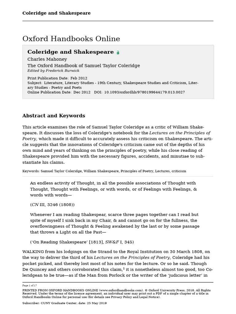 Coleridge's Critique of Shakespeare | PDF | Samuel Taylor Coleridge ...