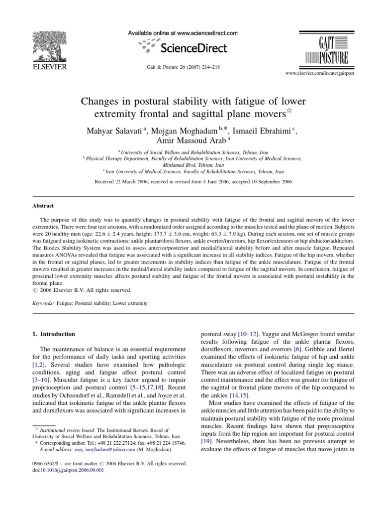 Changes in Postural Stability With Fatigue of Lower Extremity Frontal ...