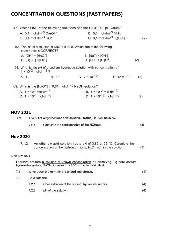 PH Calculation and Concentration Questions 2 | PDF