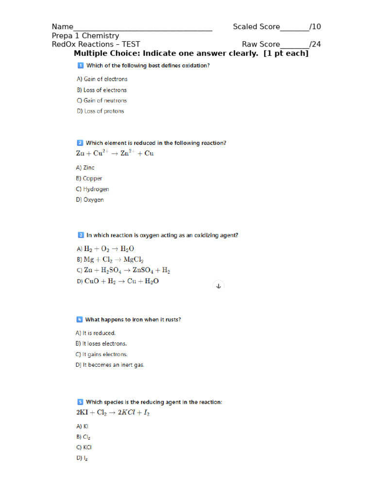 RedOx Reactions - TEST | PDF