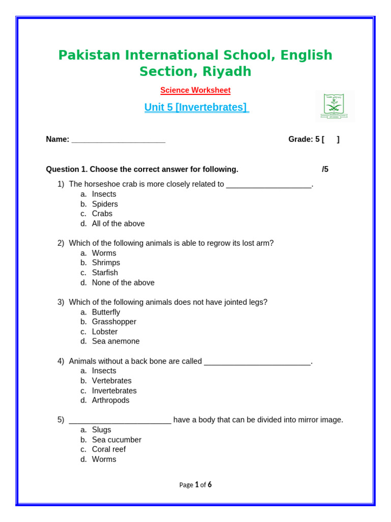 Invertebrates Worksheet for Grade 5 | PDF | Invertebrate | Zoology