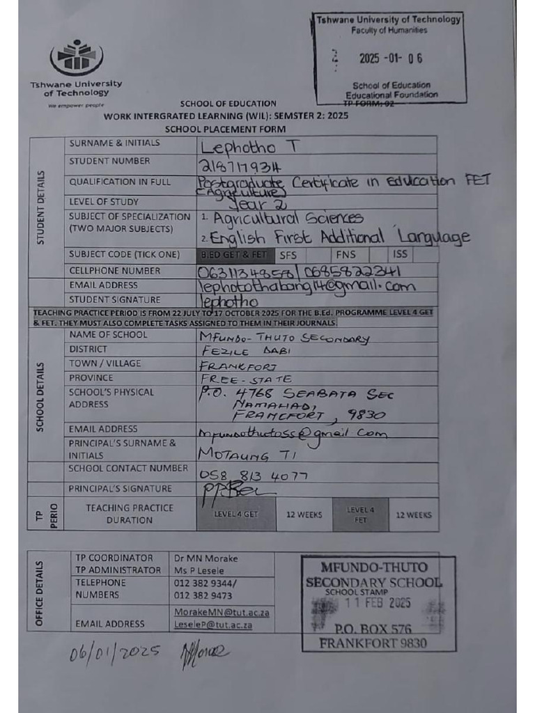Teaching Practice Stamped and Signed Form | PDF