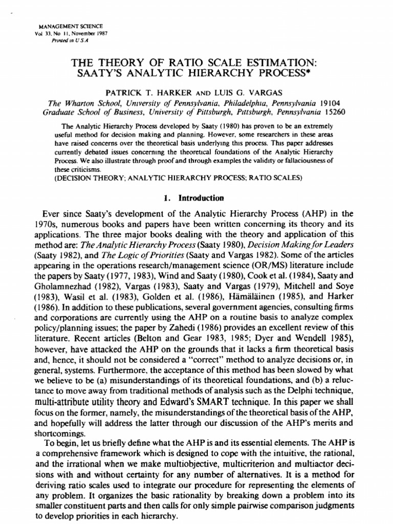 The Theory of Ratio Scale Estimation Saaty's AHP | PDF | Level Of ...