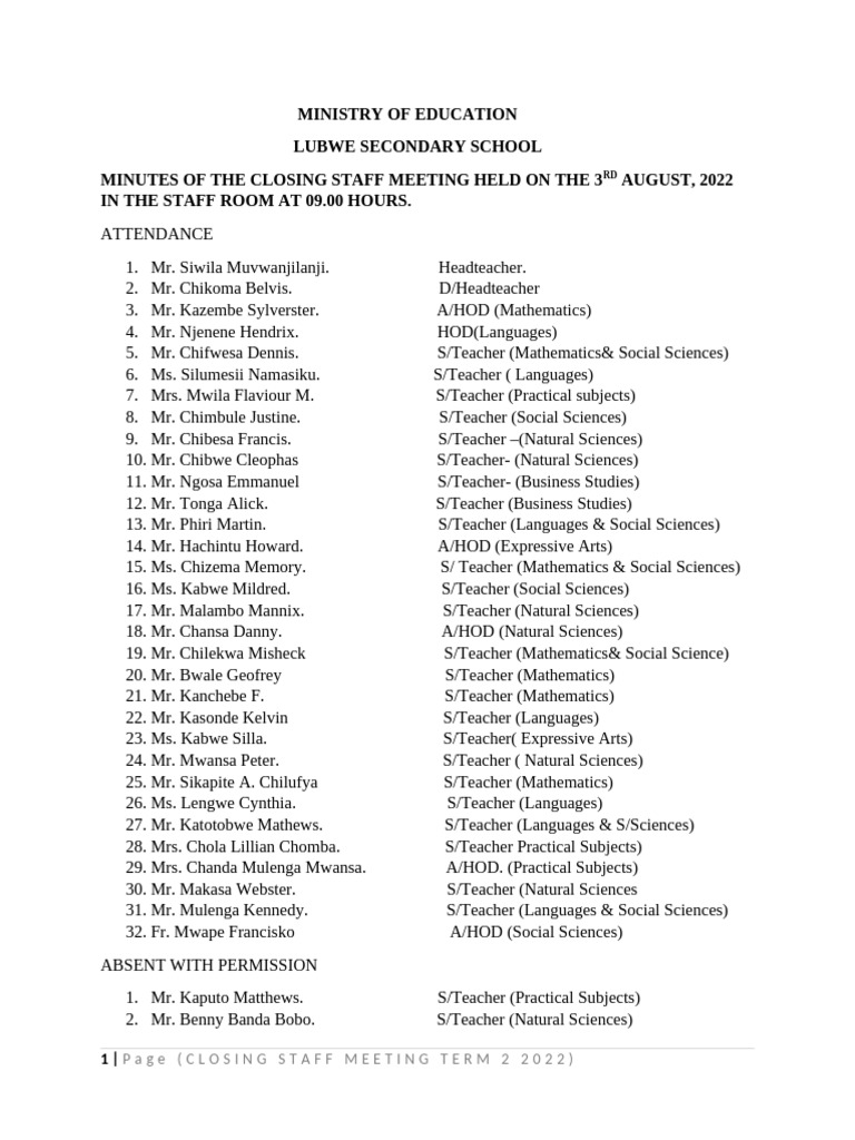 Term Closing Staff Minutes | PDF | Behavior Modification