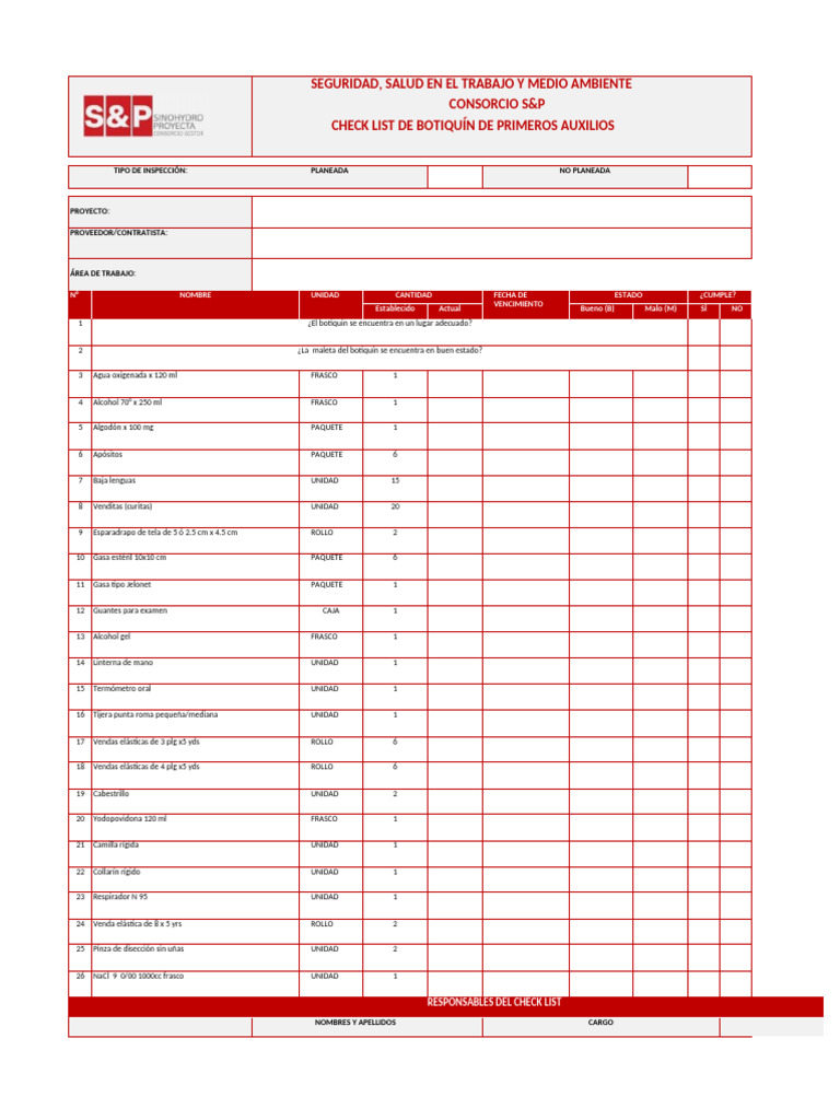 SSTMA-PL8-FO-1 Checklist de Botiquín de Primeros Auxilios | PDF
