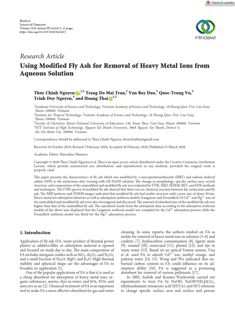 Journal of Chemistry - 2020 - Nguyen - Using Modified Fly Ash for Removal of Heavy Metal Ions ...