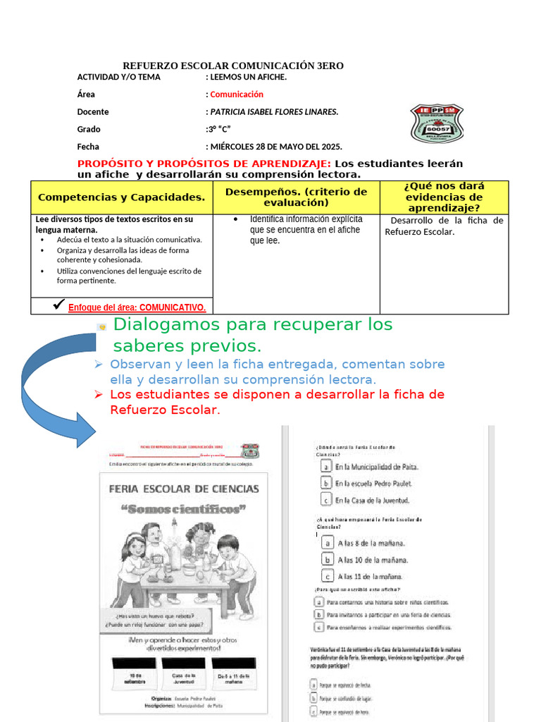 Refuerzo Escolar Comunicación 3ero Leemos Un Afiche | PDF | Comprensión ...