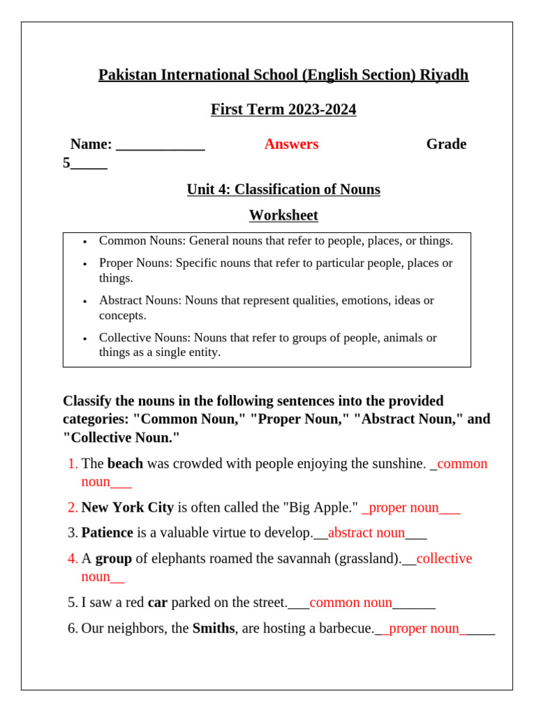 Answers-Classify Nouns Worksheet | PDF