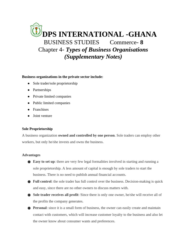 Bstchapter 4 Types of Business Organisationsnotes 1 | PDF | Franchising ...