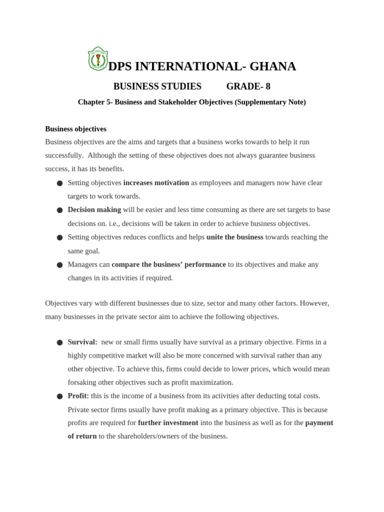 Bstchapter 5 Business and Stakeholder Objectives 1 | PDF | Social ...