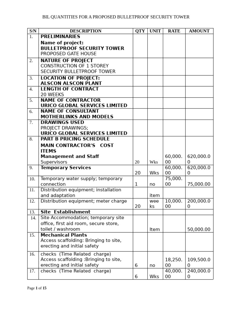 Bulletproof Security Tower Bill of Quantities | PDF | Tile | Window