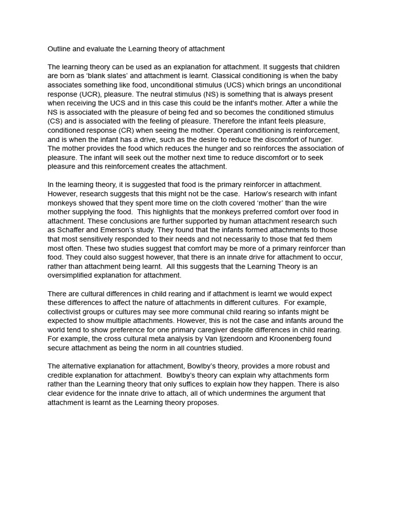 Outline and evaluate the Learning theory of attachment | PDF | Attachment Theory | Classical ...