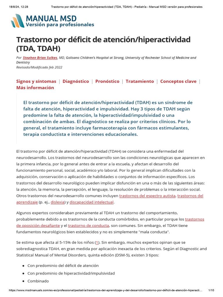 Trastorno Por Déficit de Atención - Hiperactividad (TDA, TDAH) - Pediatría - Manual MSD Versión ...