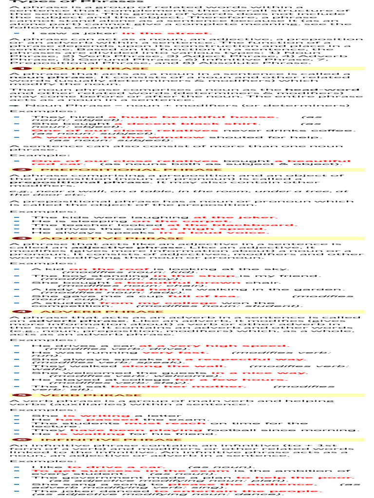 Types of Phrases - Noun Phrase, Verb Phrase, Gerund Phrase, Participle, Absolute Phrase | PDF ...