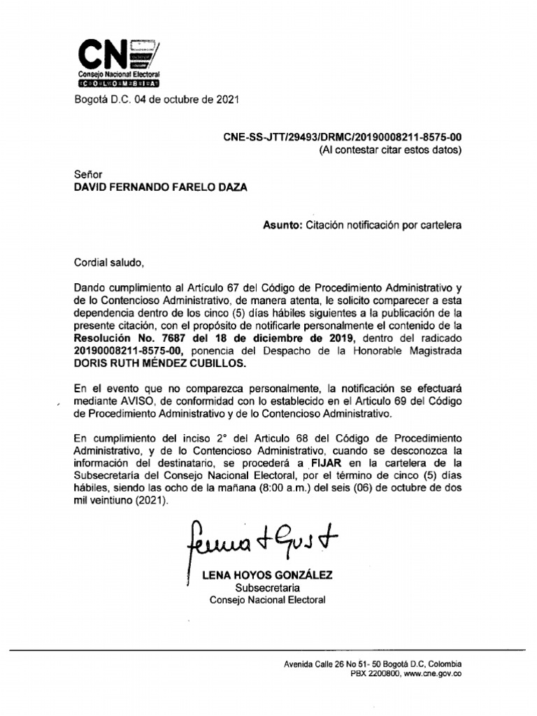 Citación del CNE a David Farelo Daza | PDF | Gobierno