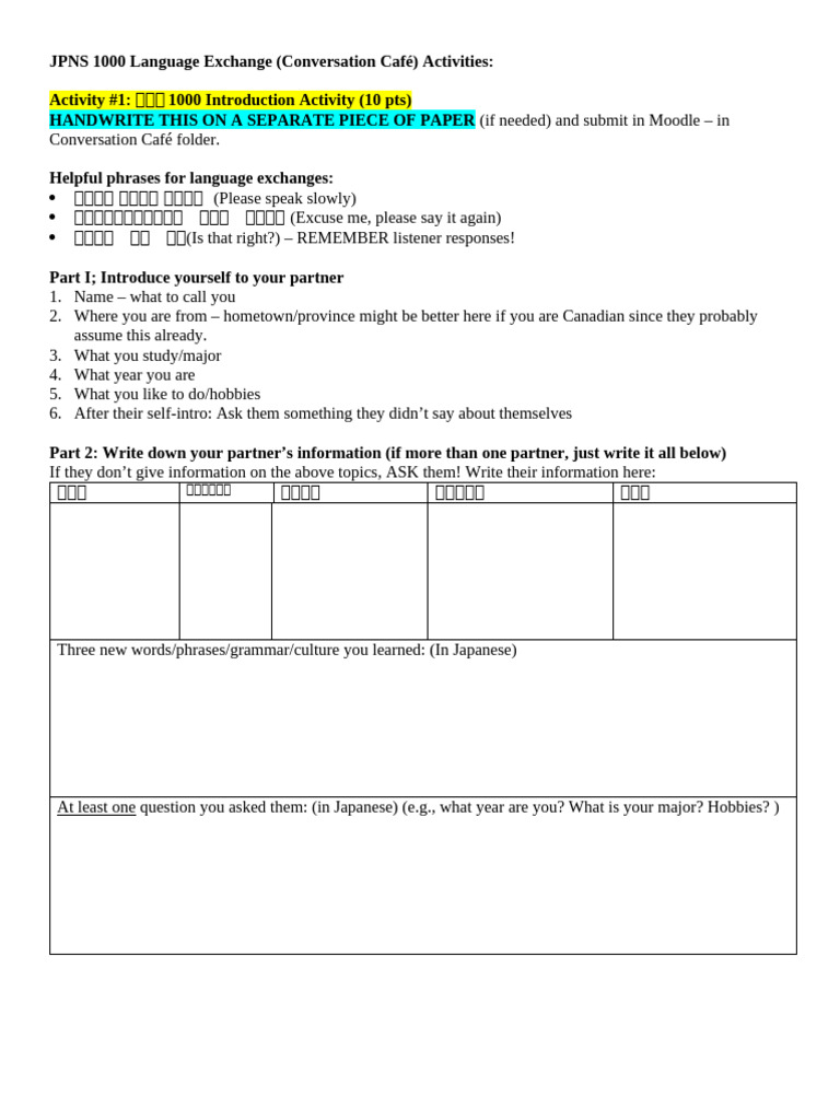 JPNS 1000 Conversation Cafe Task Sheets | PDF