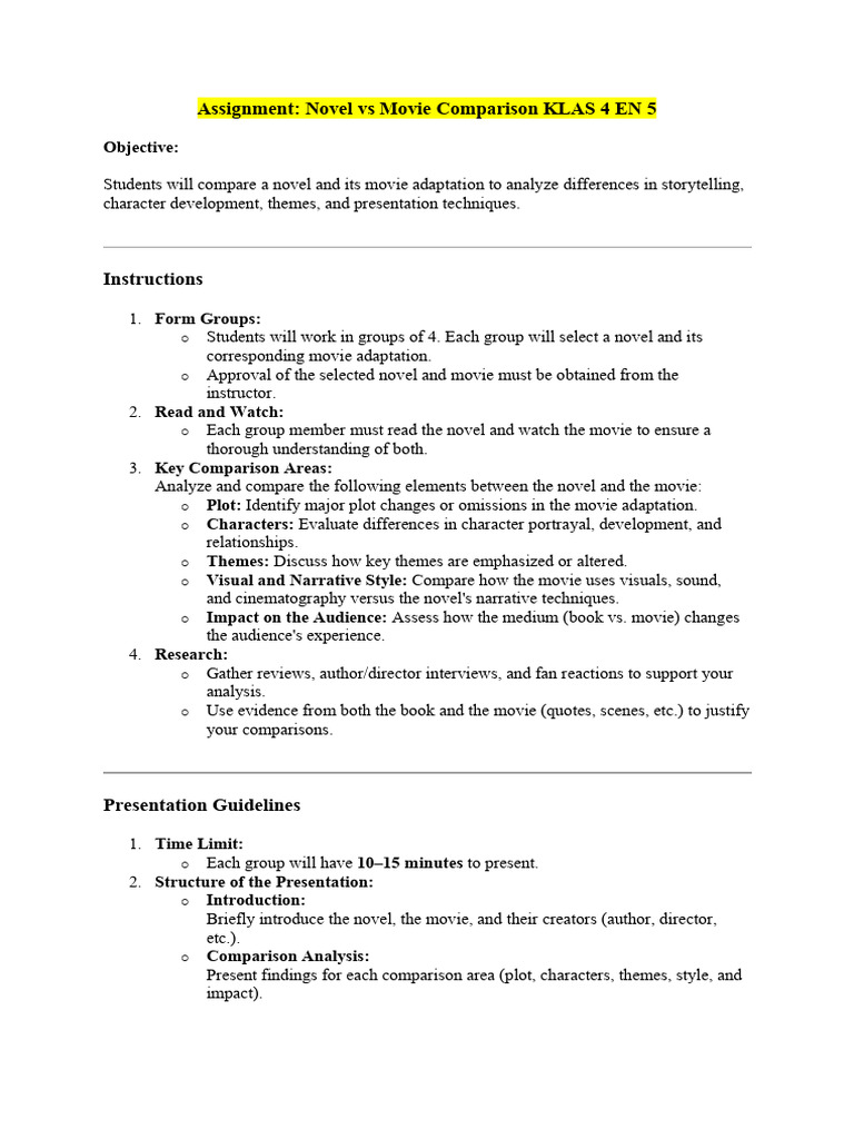 Novel vs Movie Comparison Assignment | PDF | Narrative | Learning
