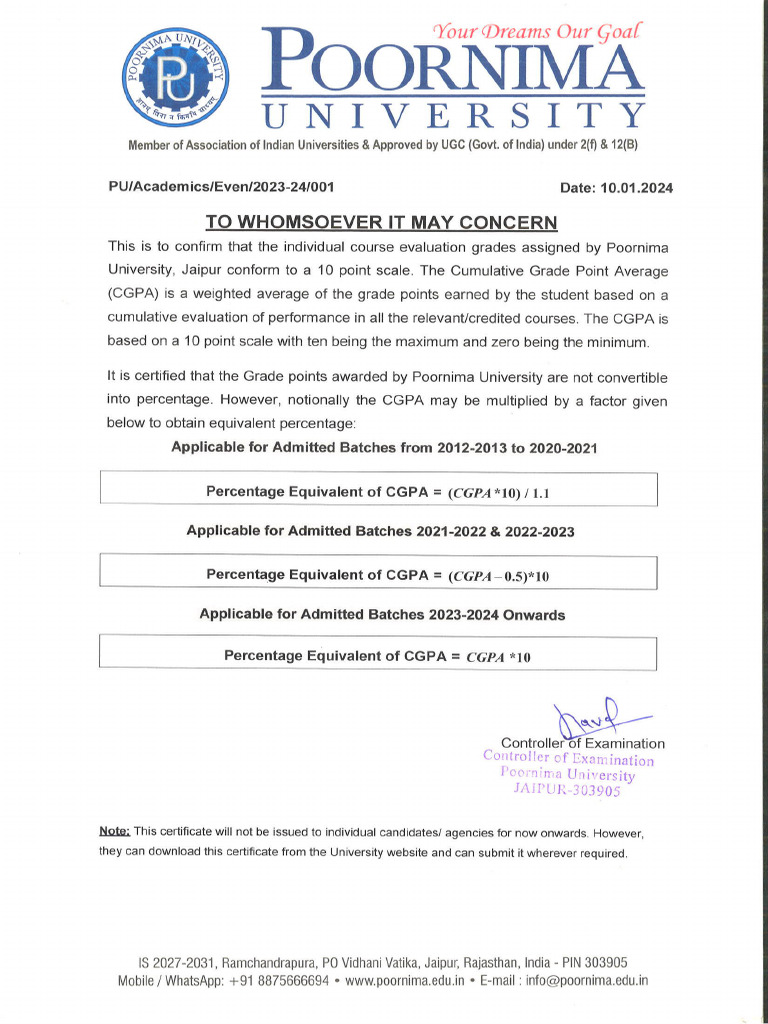 CGPA To Percentage Conversion Certificate | PDF