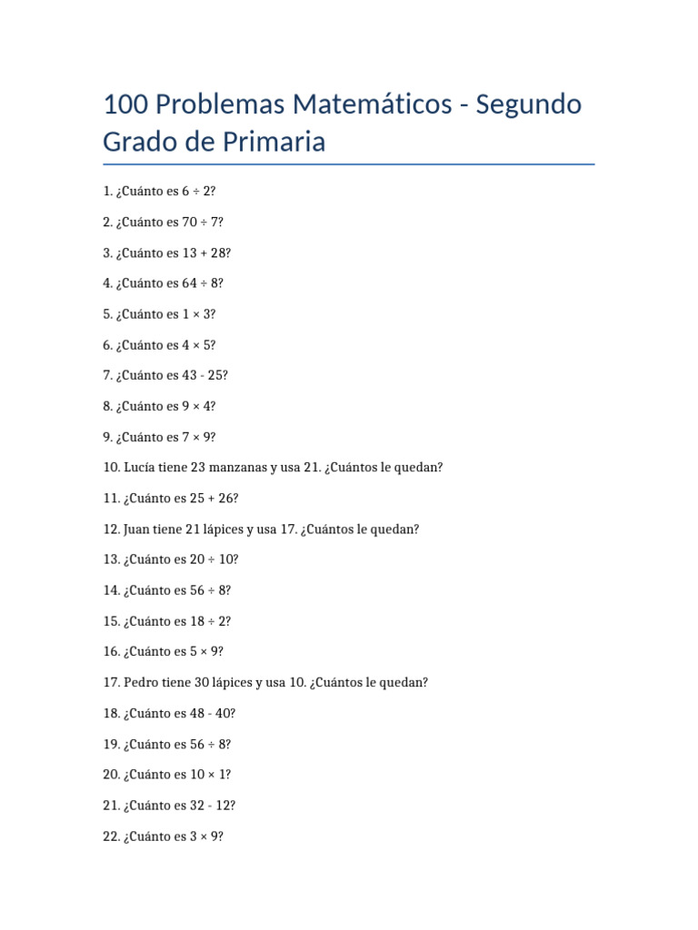 Problemas Matemáticos para 2° Grado | PDF