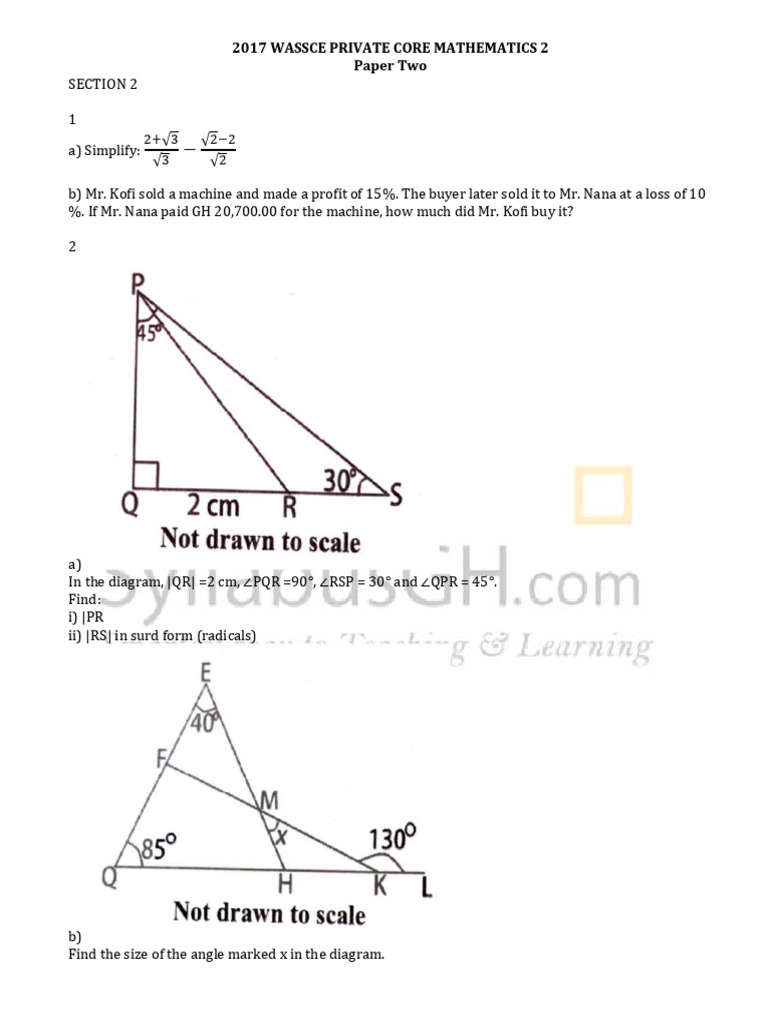 2017 Wassce Private Core Mathematics 2 | PDF | Latitude | Classical ...