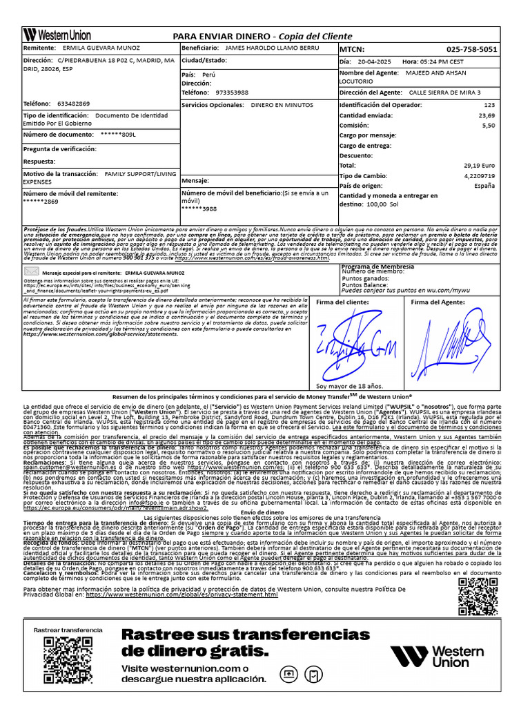 Recibo Wupos (Punto de Venta de Western Union) - 2 | PDF ...
