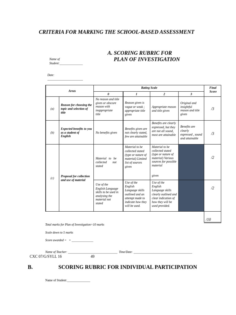 English Sba Rubrics For Csec Typed Out | PDF | Fluency | Vocabulary