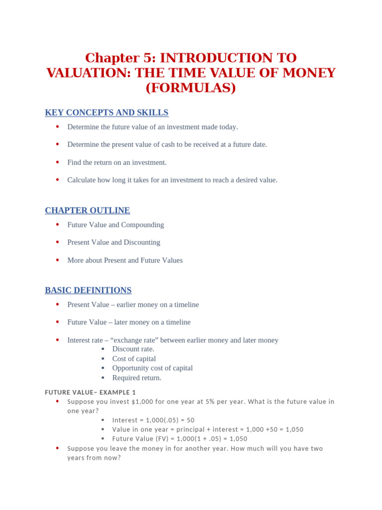Chapter 5 INTRODUCTION TO VALUATION THE TIME VALUE OF MONEY (FORMULAS ...