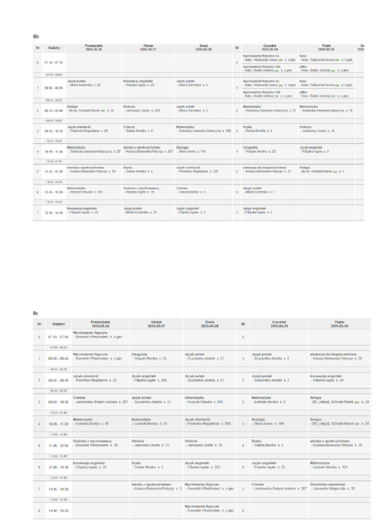 8b, 8c, Plan Lekcji | PDF
