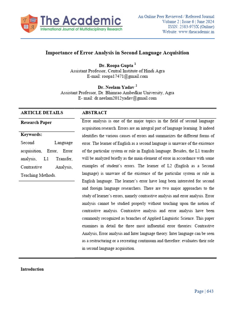 Gupta & Yadav - Importance of Error Analysis in Second Language Acquisition | PDF | Second ...
